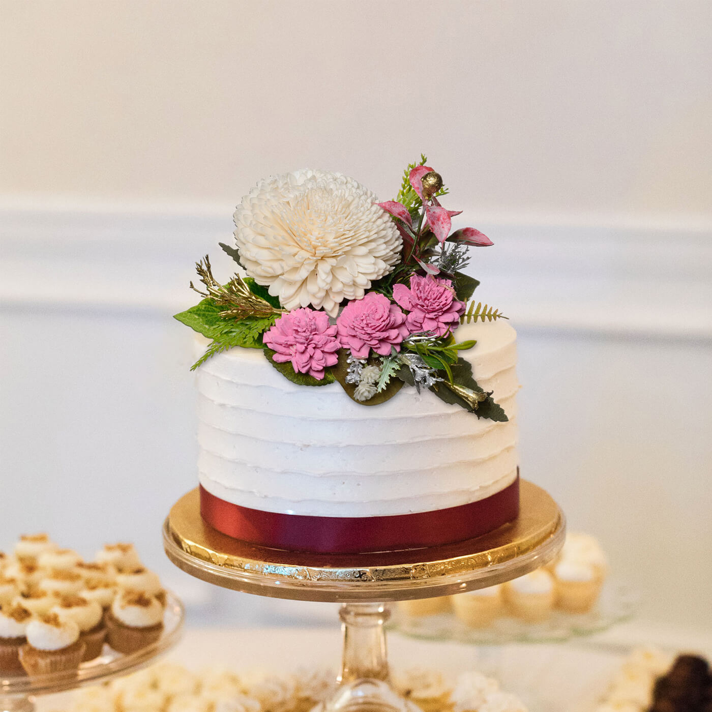 Buy Pink Cake Topper with Sola Wood Floral Arrangement Online On Zwende